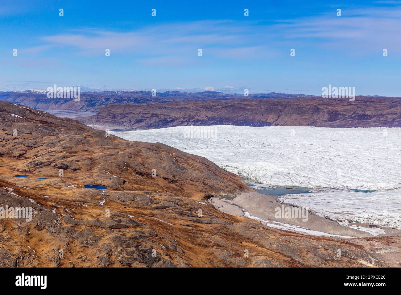 Greenlandic tundra landscape with ice cap melting, aerial view, near ...
