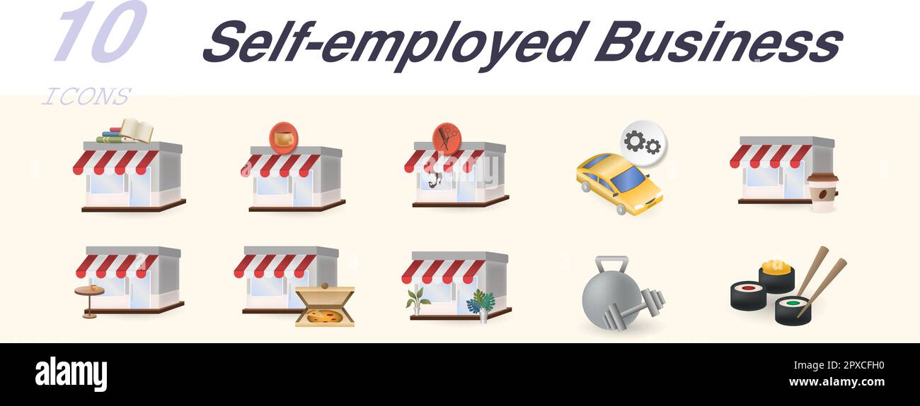 Self-employed business set. Creative icons: book shop, coffee shop ...