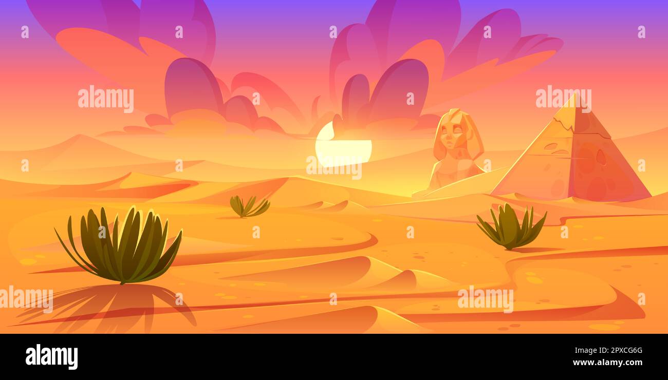 Sunset in egypt desert with ancient giza pyramid cartoon landscape ...