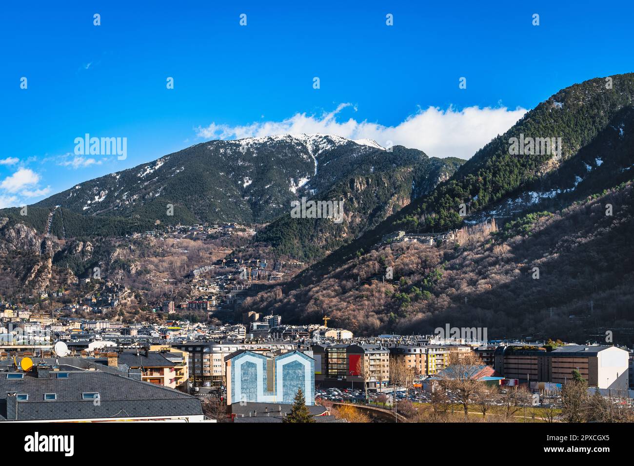 Cityscape of Andorra la Vella capita city of Andorra at the foothill of beautiful Pyrenees ...