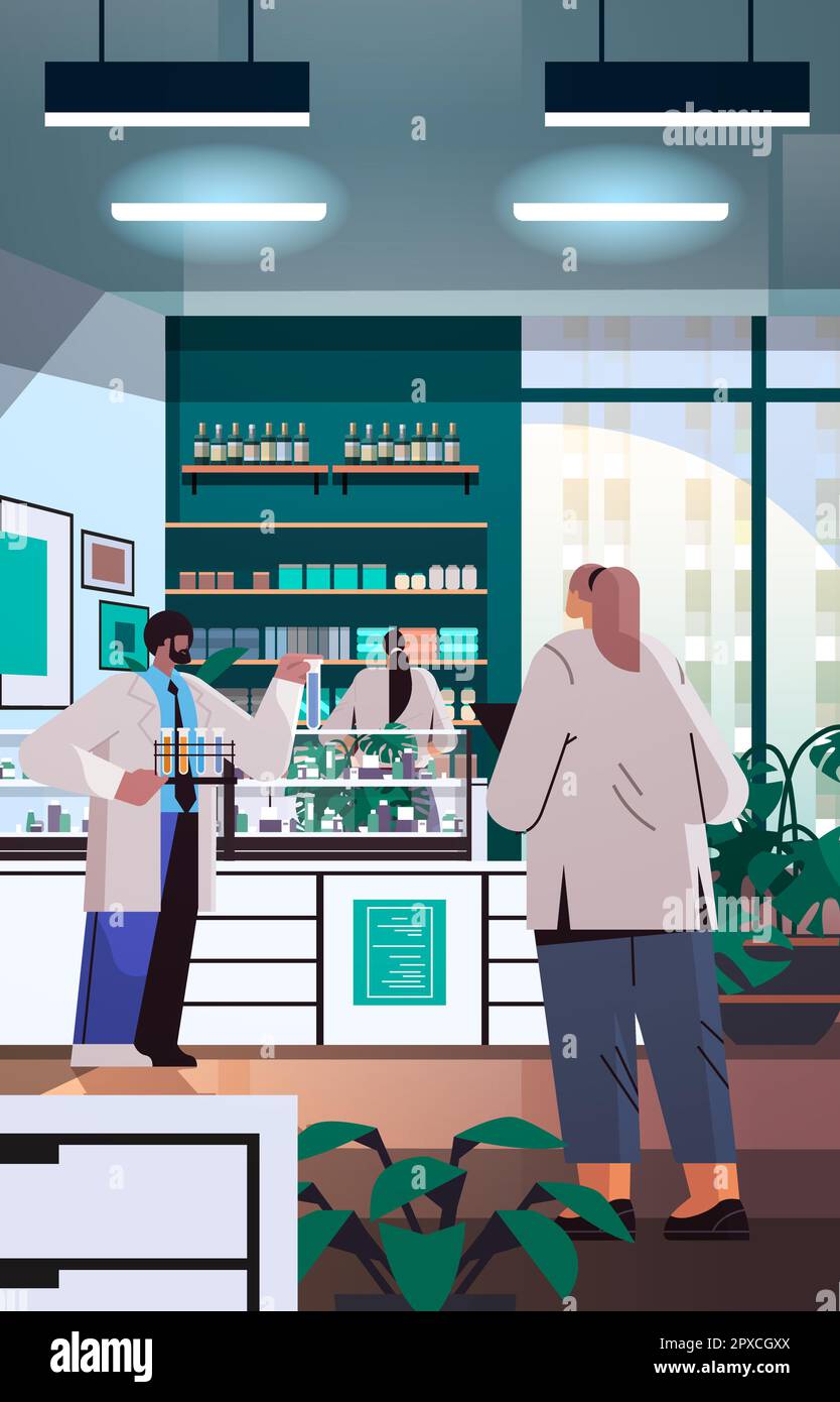 scientist team working together researchers in uniform making chemical ...