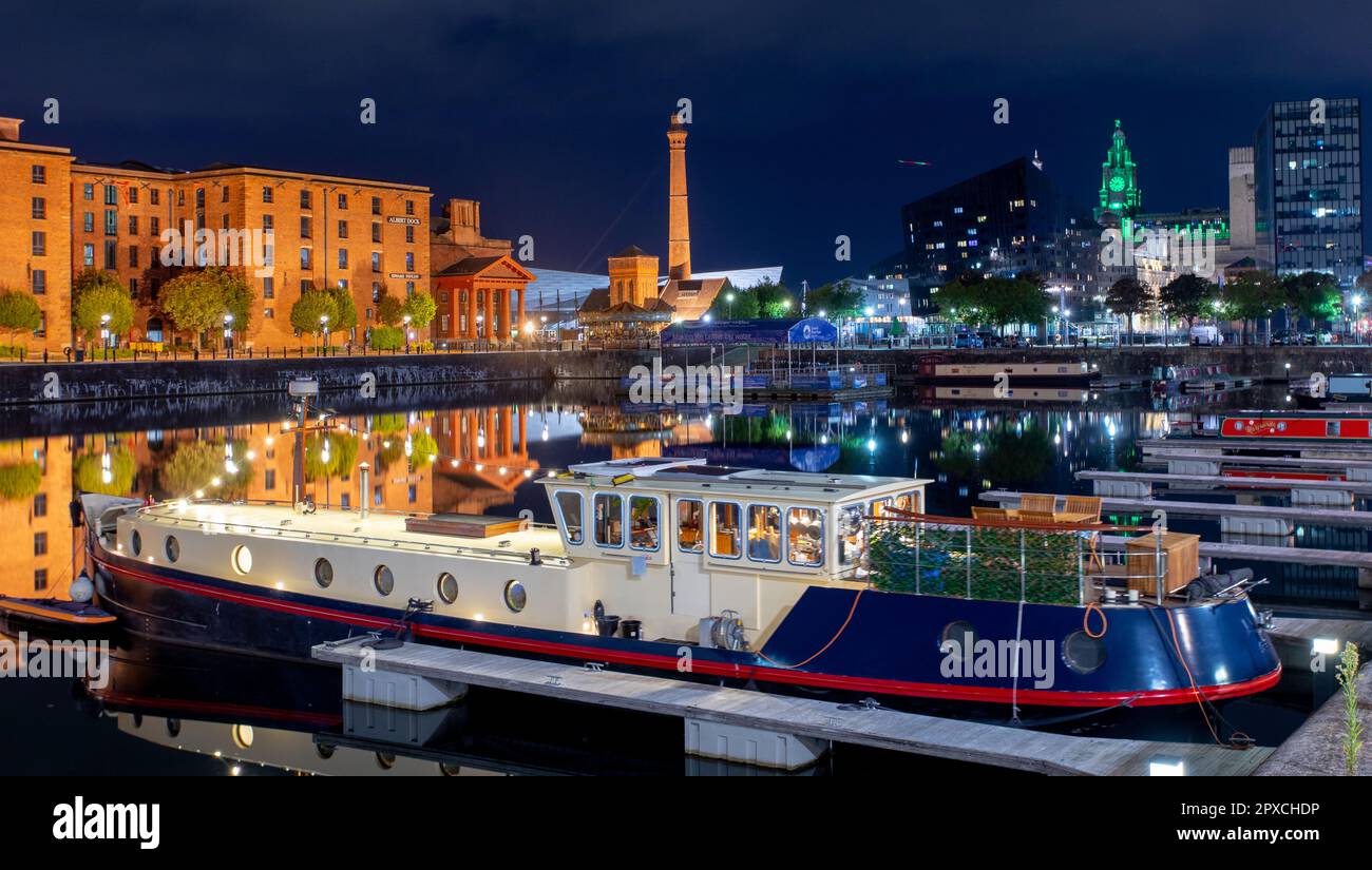 A night time view of the Royal Albert Dock, Mann Island and the Royal ...