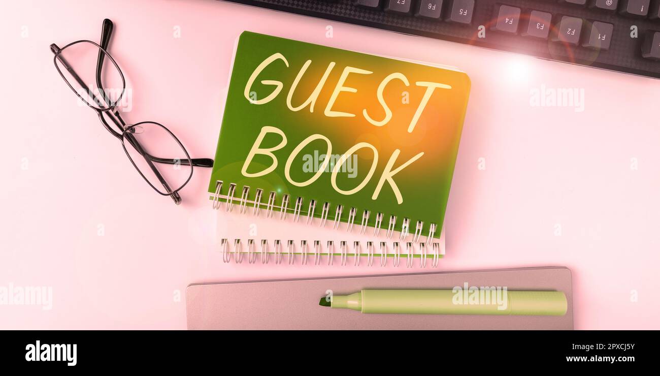 Sign displaying Guest Book, Concept meaning electronic means for a ...