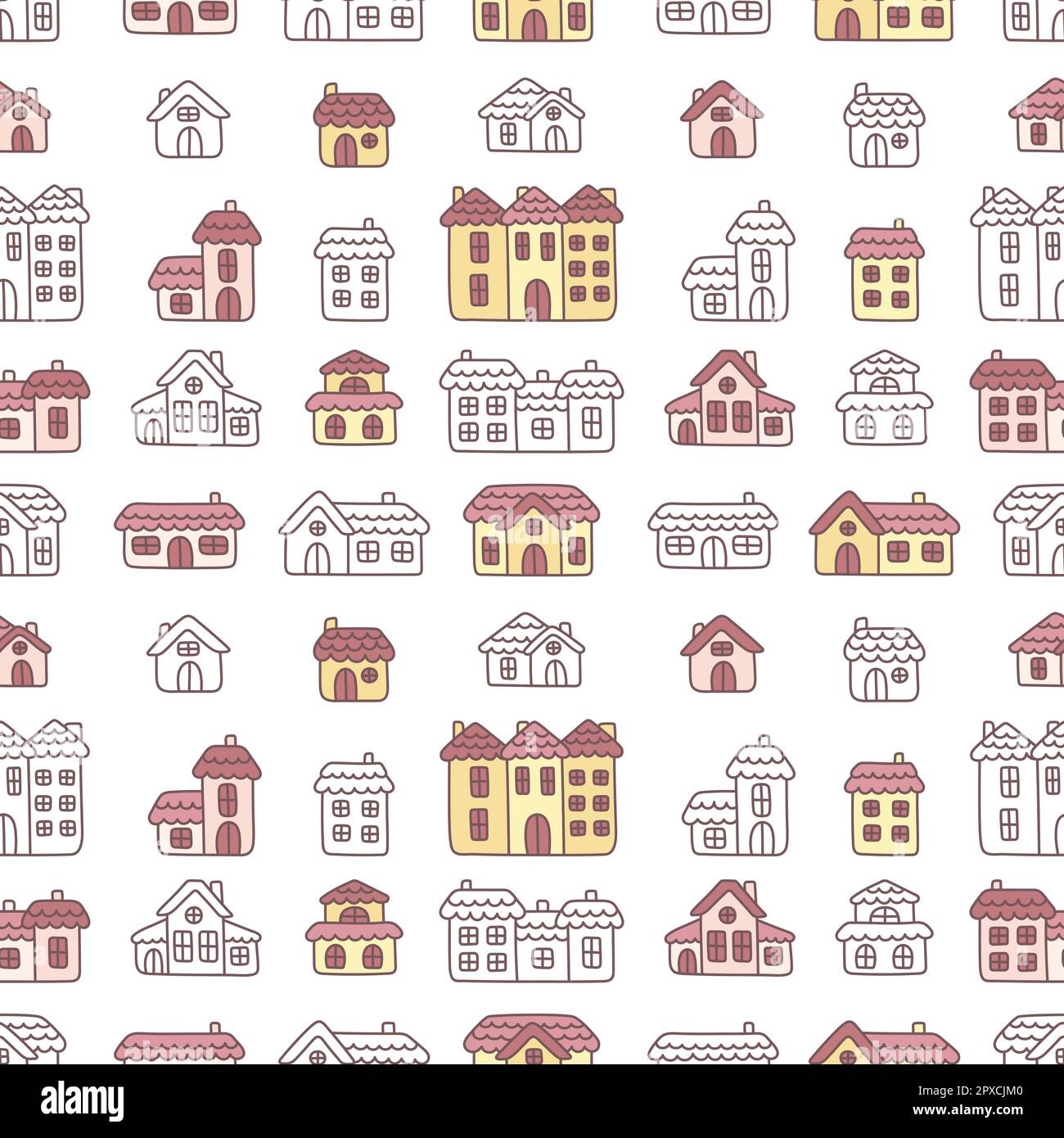 Seamless town pattern. Endless background with cute houses. Doodle art ...