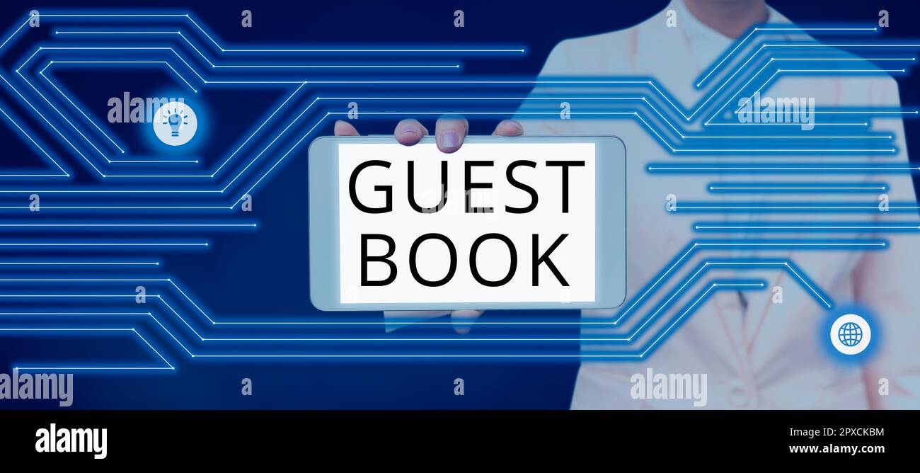 Conceptual caption Guest Book, Word Written on electronic means for a ...