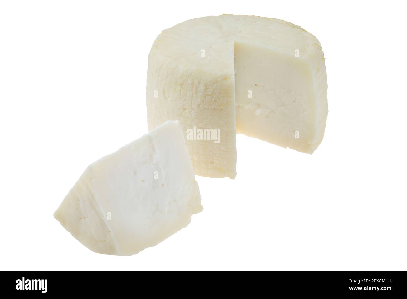 Small head of goat cheese with one section isolated on white background ...