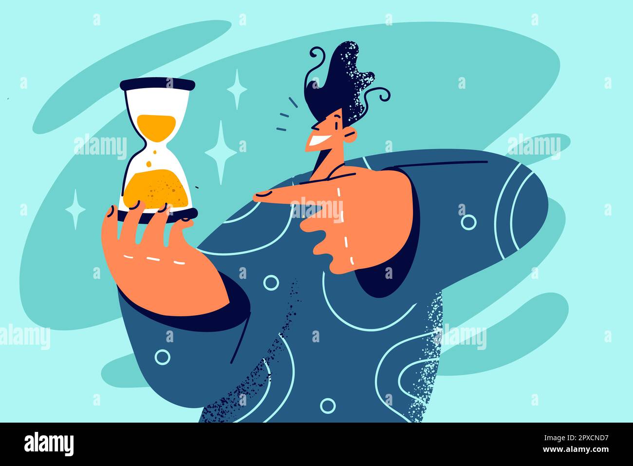 Smiling man holding sandglass point at time passing. Happy guy with ...