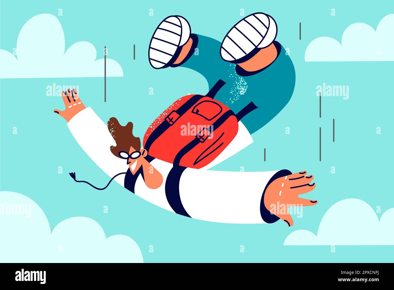 Happy man in goggles jump with parachute in sky. Smiling guy in glasses ...
