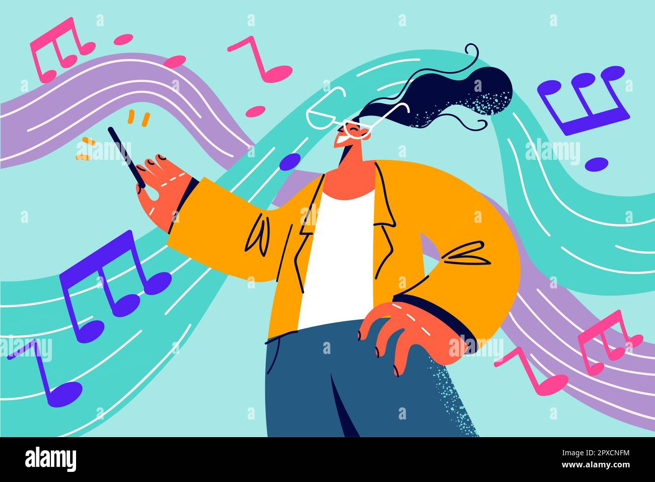 Smiling woman with baton in hands lead orchestra. Happy female ...