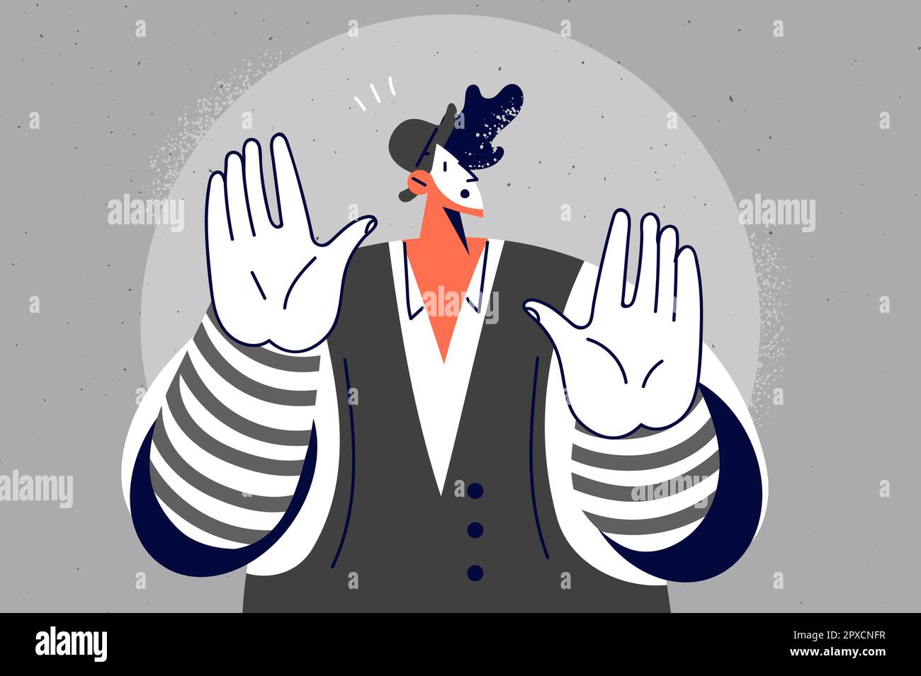 Man in costume and painted face mask working as mime. Male showing ...