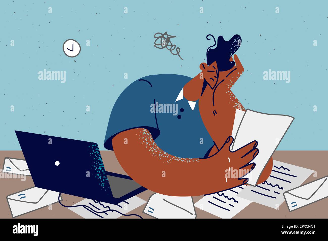 Tired male employee overwhelmed with office paperwork. Exhausted worker struggle with workload ...