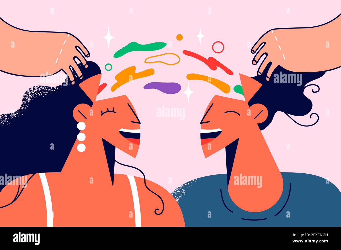 Couple with open heads share creative ideas. Smiling man and woman ...