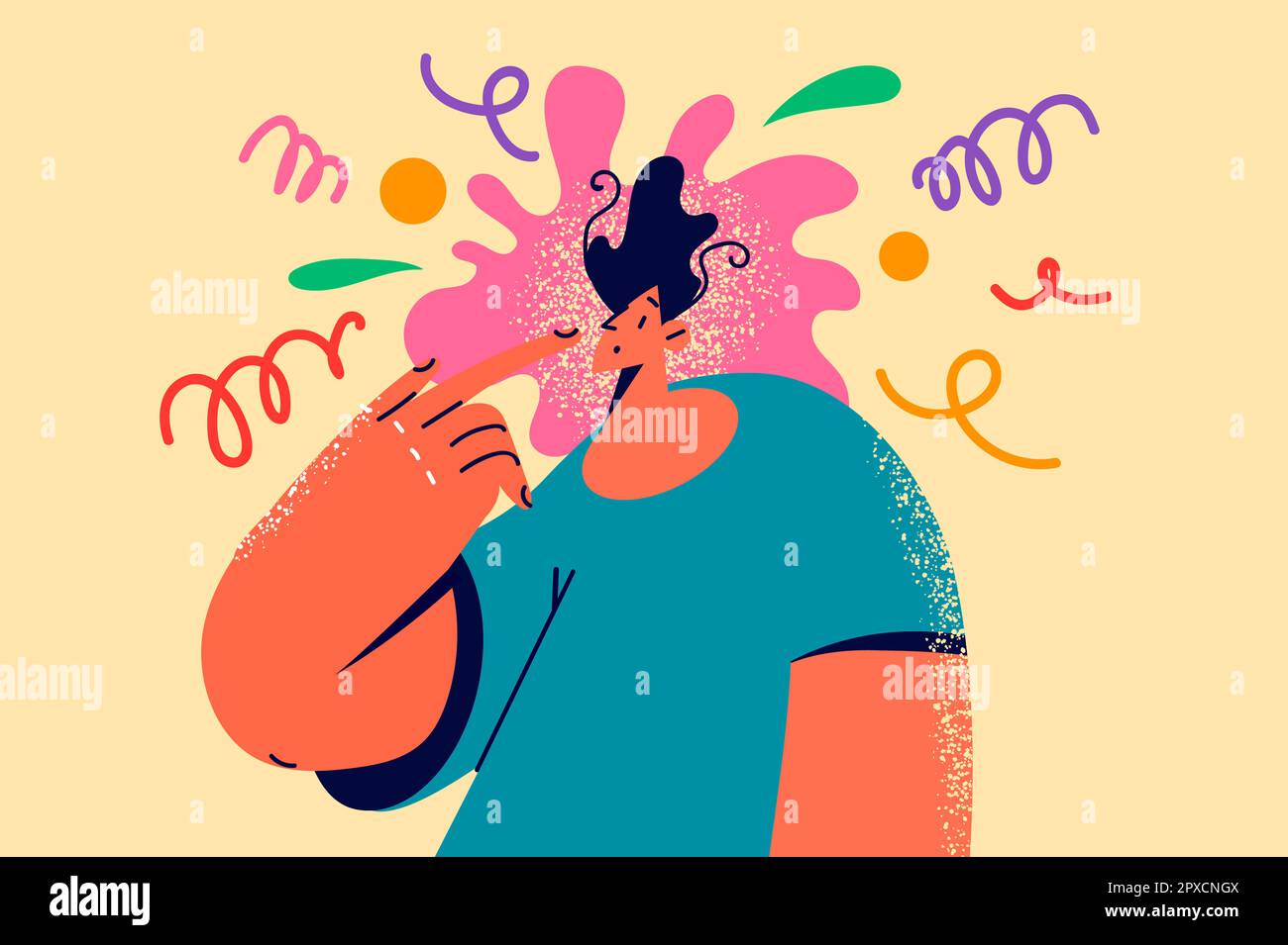 Man with chaos in head involved in creative thinking. Millennial ...