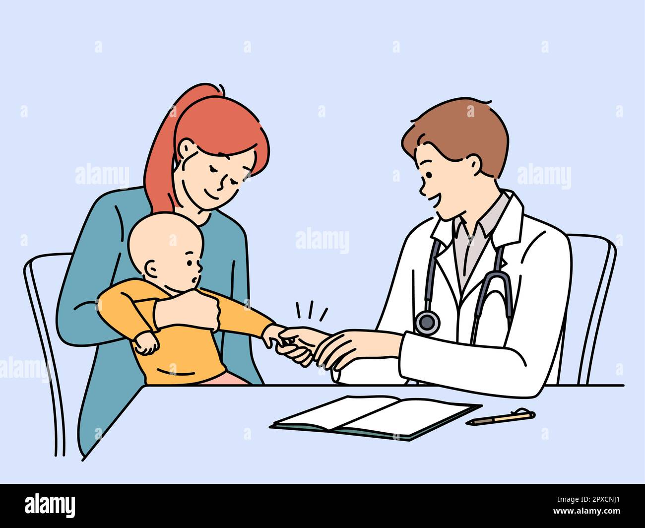 Smiling young woman with newborn baby at consultation with family ...