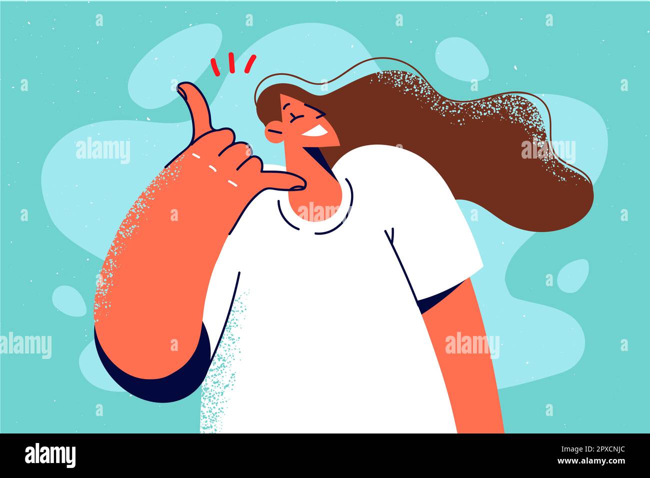 Smiling woman show call me hand gesture. Happy girl with phone sign ask ...