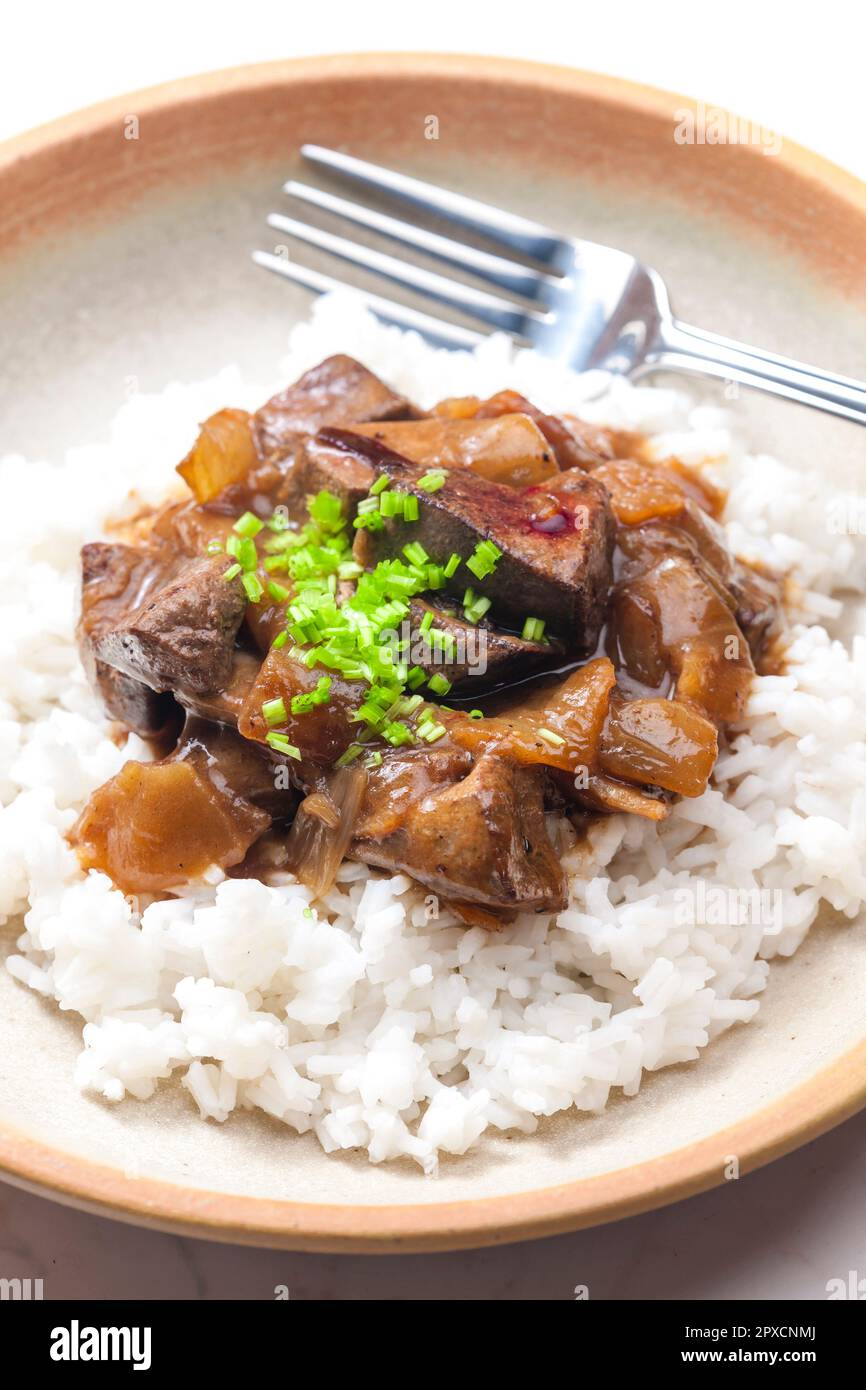 Chinese beef meat with soy sauce served with rice Stock Photo - Alamy