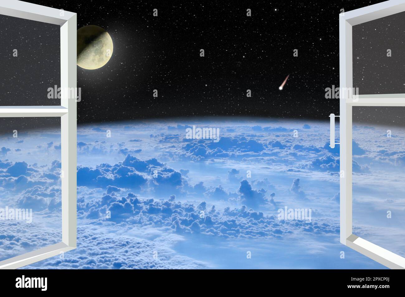 View of moon through open window. Sky panorama. View of moon in blue ...