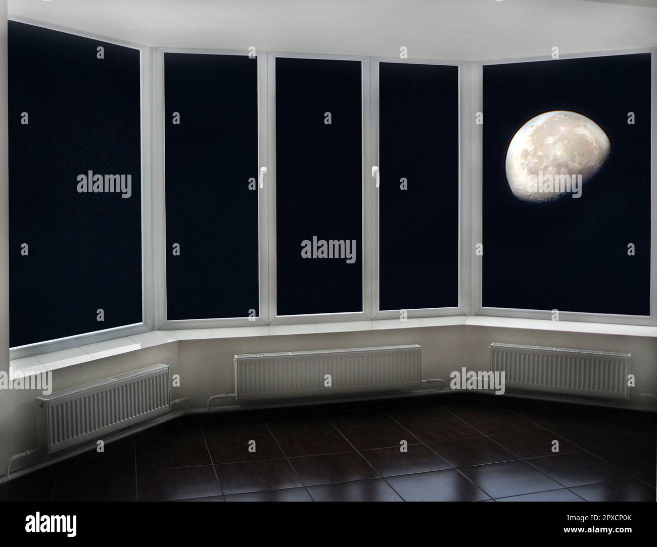 View of moon through window. Sky panorama. View of moon in blue sky ...