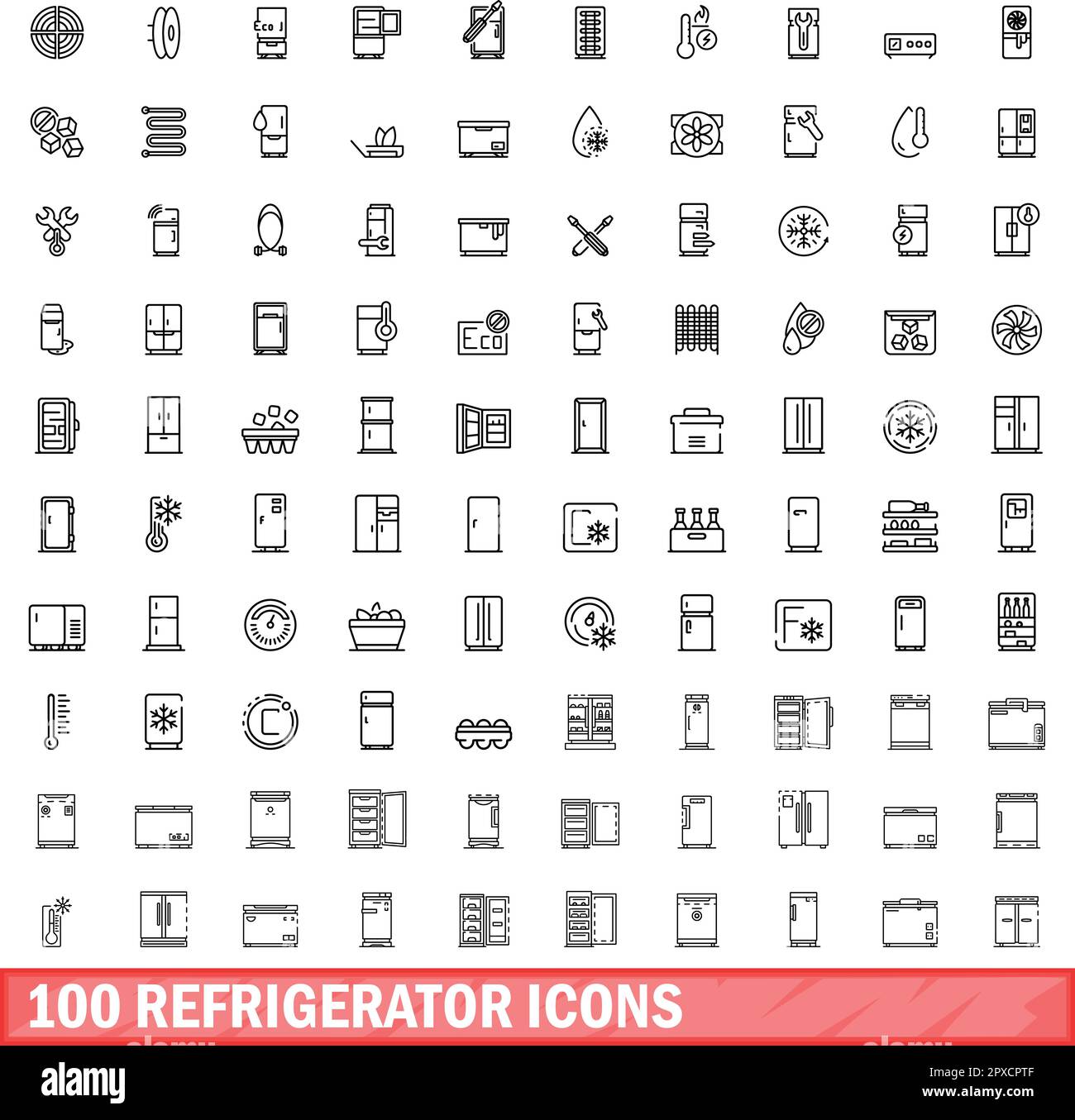100 refrigerator icons set. Outline illustration of 100 refrigerator icons vector set isolated ...