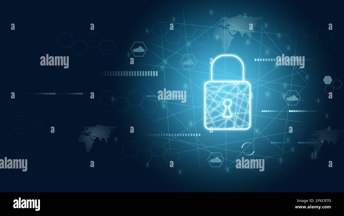 Glowing neon padlock icon on blue background, personal data protection ...
