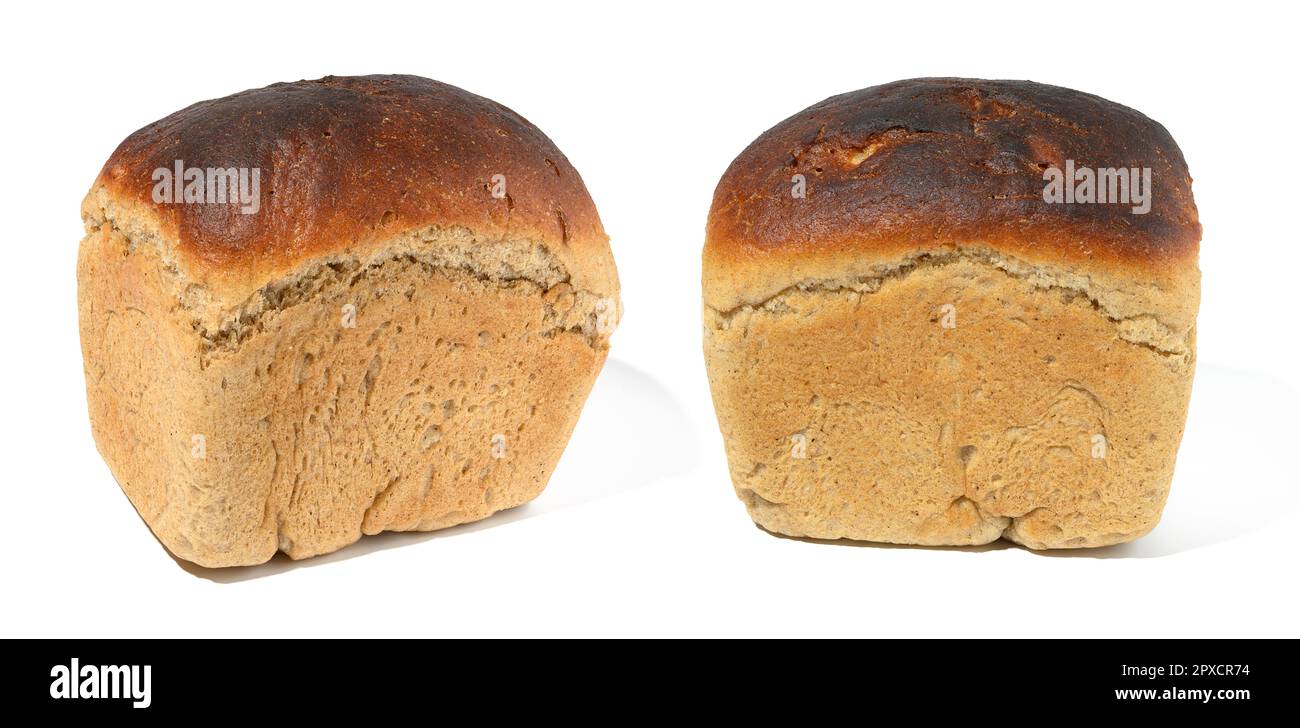 Baked rye flour bread in the shape of a brick on a white isolated ...