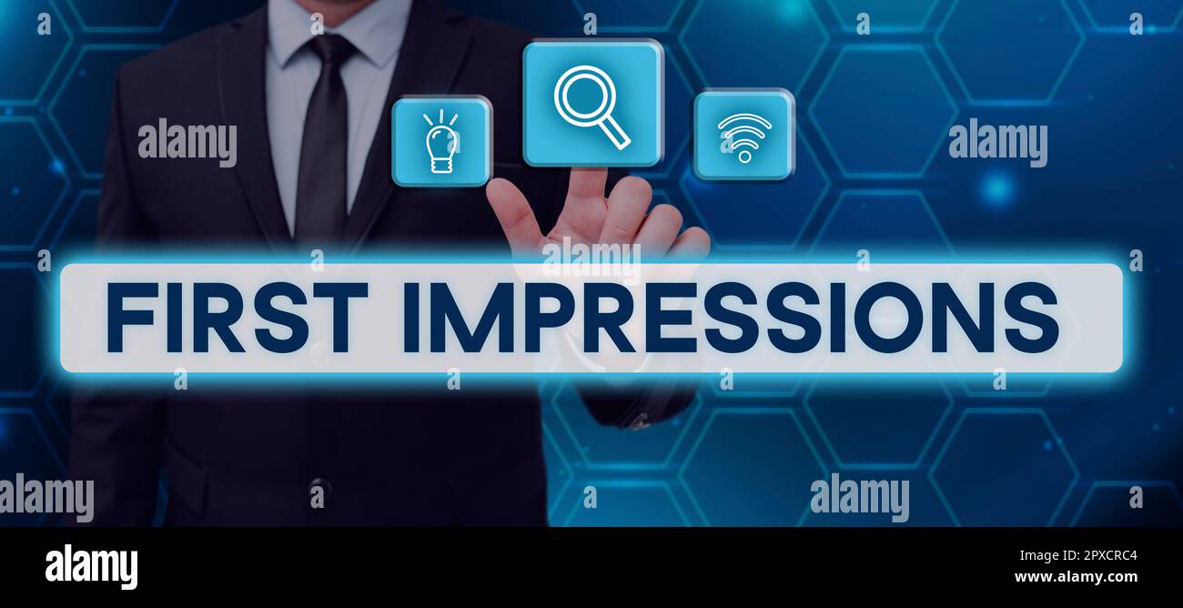 Hand writing sign First Impressions, Business approach What a person ...