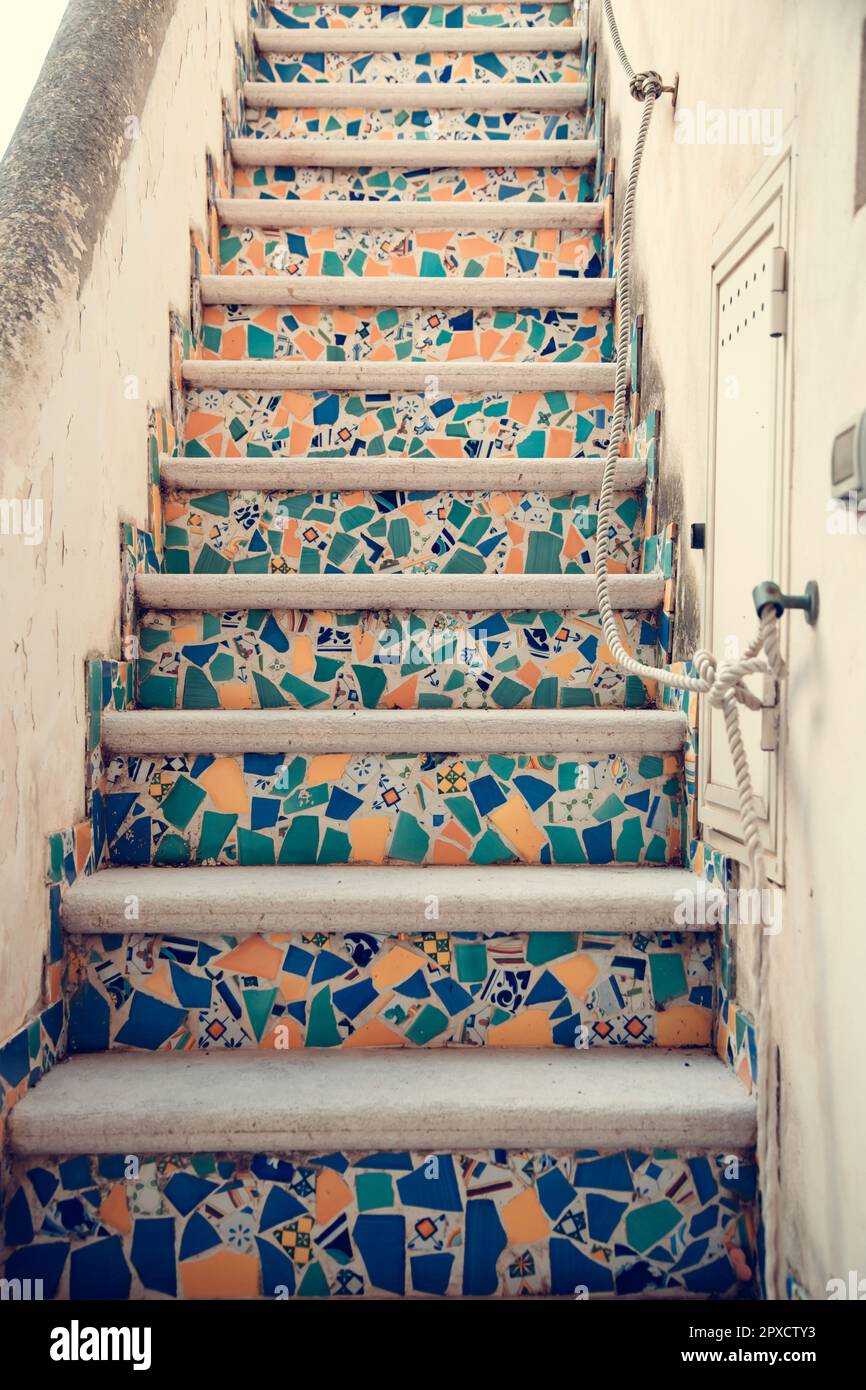 Multicolored Tiles on Steps in a Stairway Stock Photo - Alamy