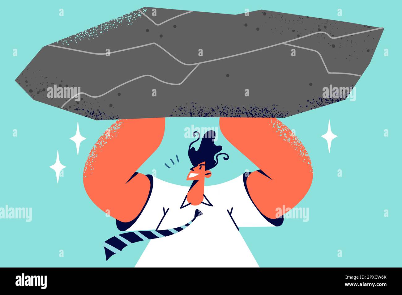 Smiling businessman carry boulder show power and strength at workplace ...