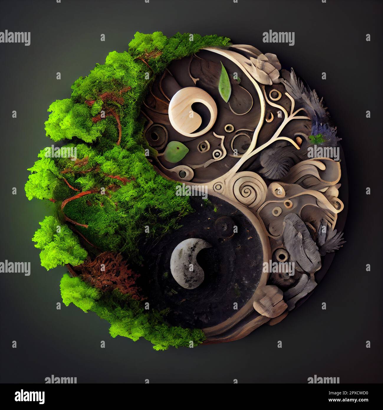 Fresh green and dried plant balance, abstract symbol of Yin-Yang. 3d ...
