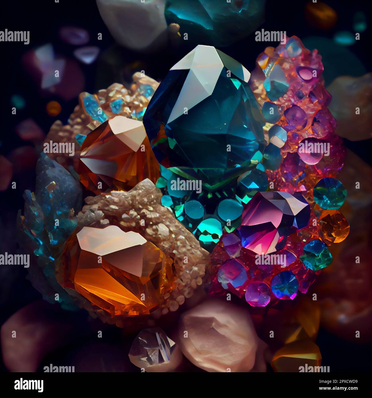 Still life of precious stones in different colors, 3D illustration art ...