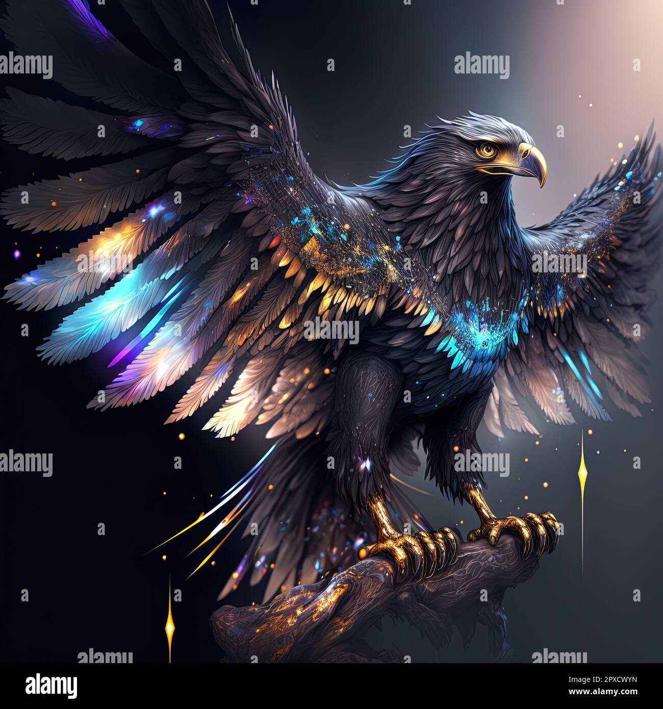 A majestic eagle with shimmering feathers takes flight against a ...