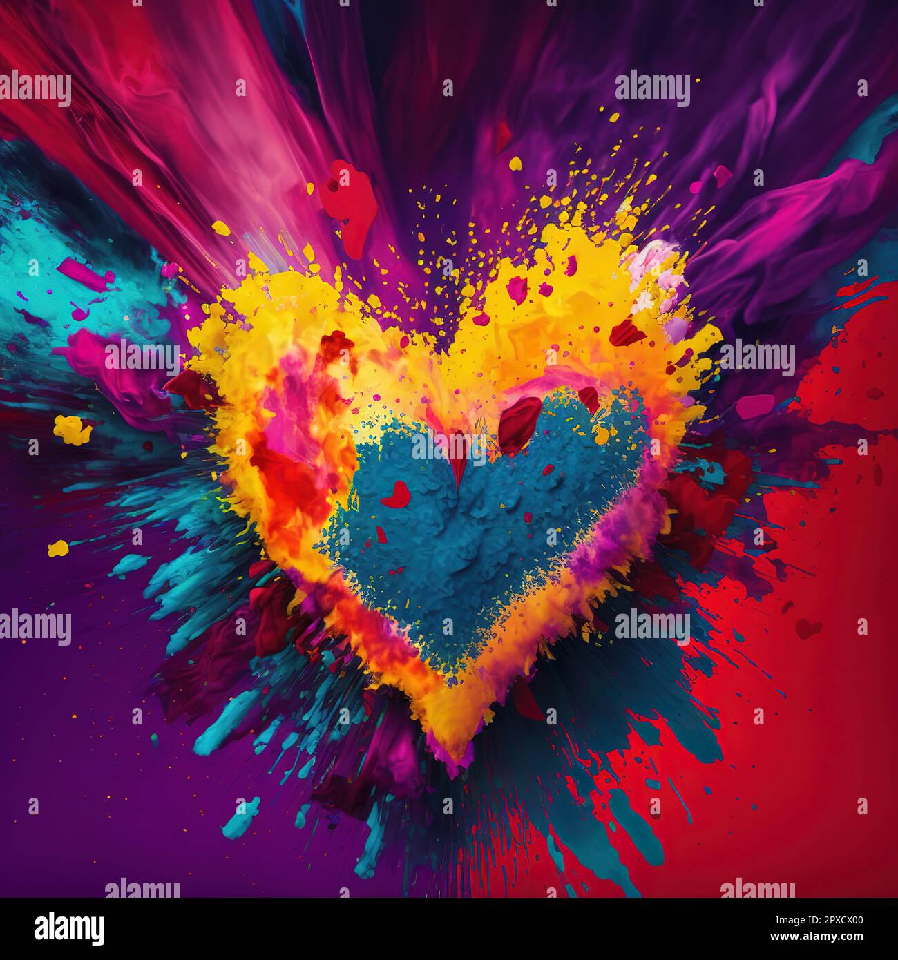 This striking painting features a bold, red love heart set against a ...