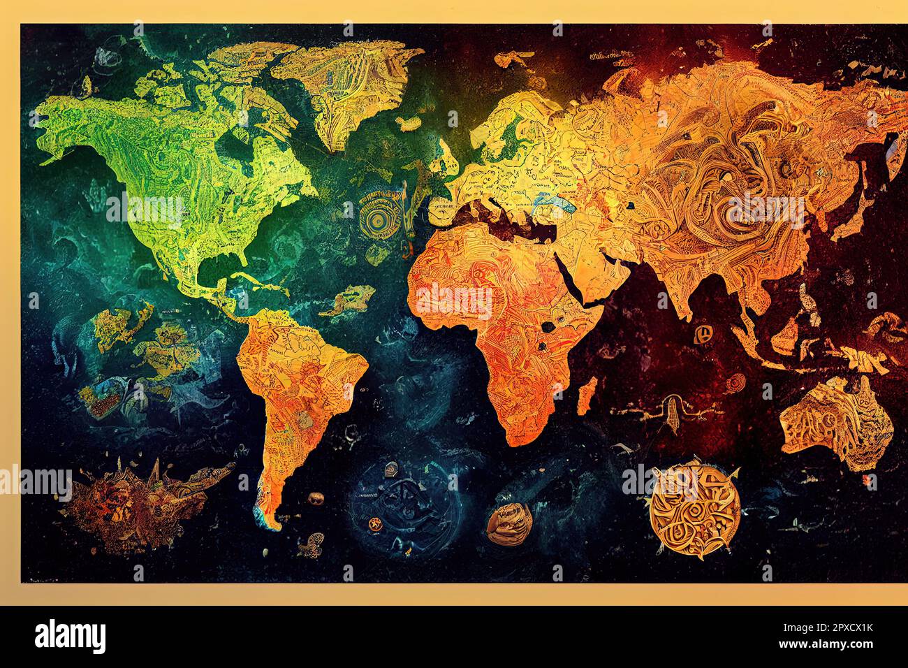 This vibrant world map showcases a unique and colorful interpretation ...