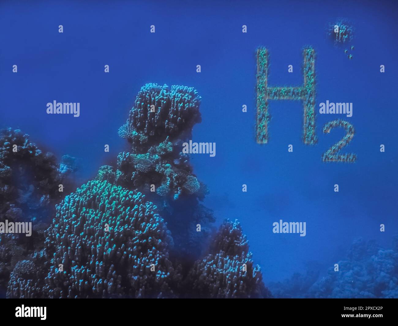 3D illustration renewable pure energy dark blue h2 hydrogen at large ...