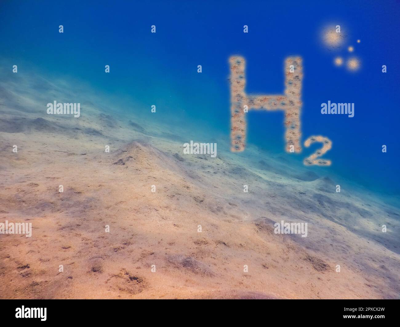 3D illustration renewable pure energy brown h2 hydrogen over a seabed ...