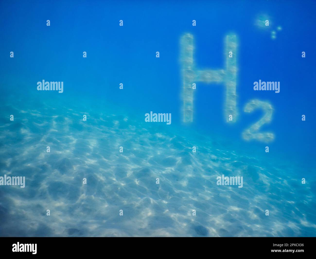 3D illustration renewable pure energy green h2 hydrogen over sandy ...