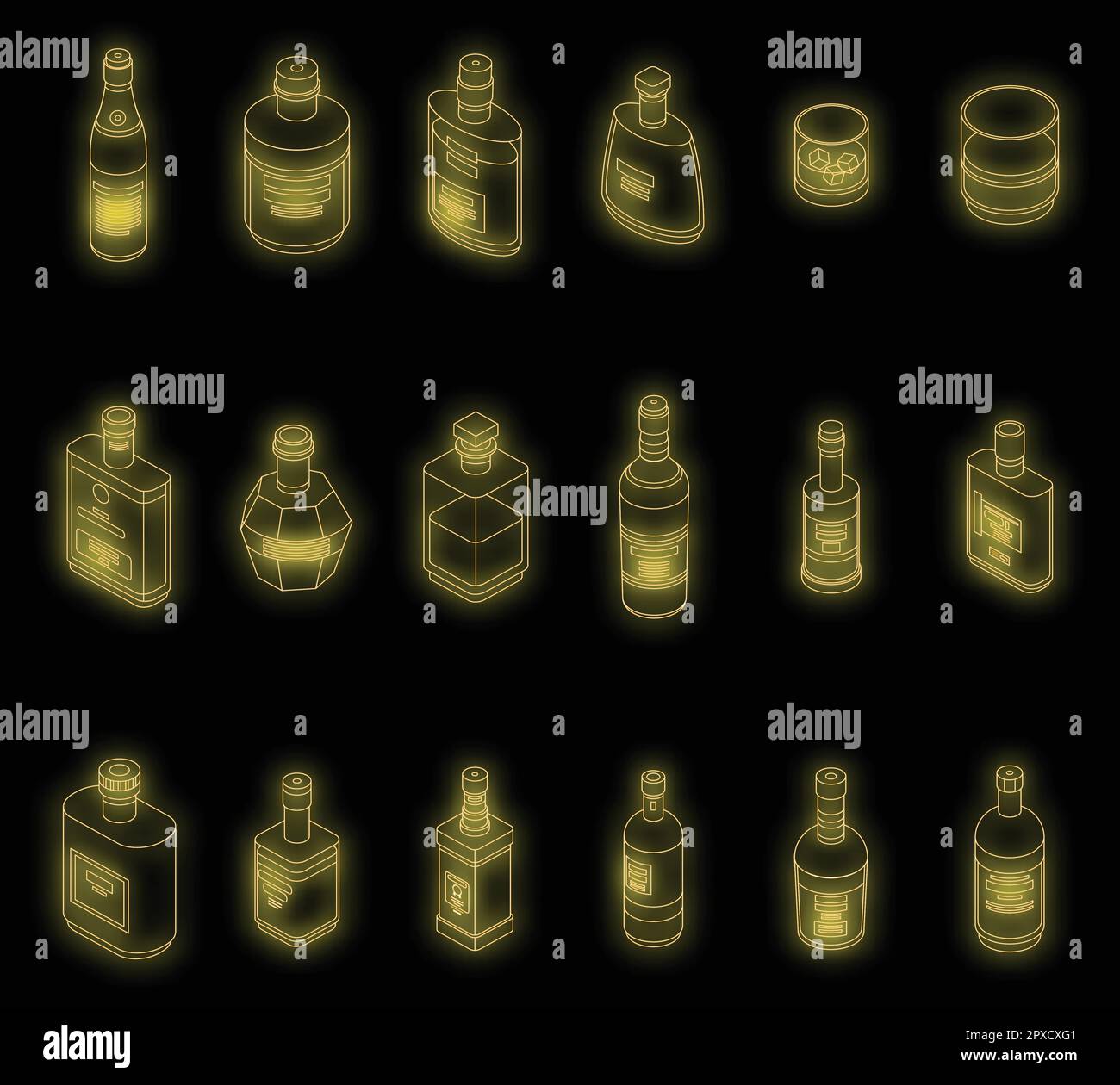 Bourbon icons set. Isometric set of bourbon vector icons neon color on ...