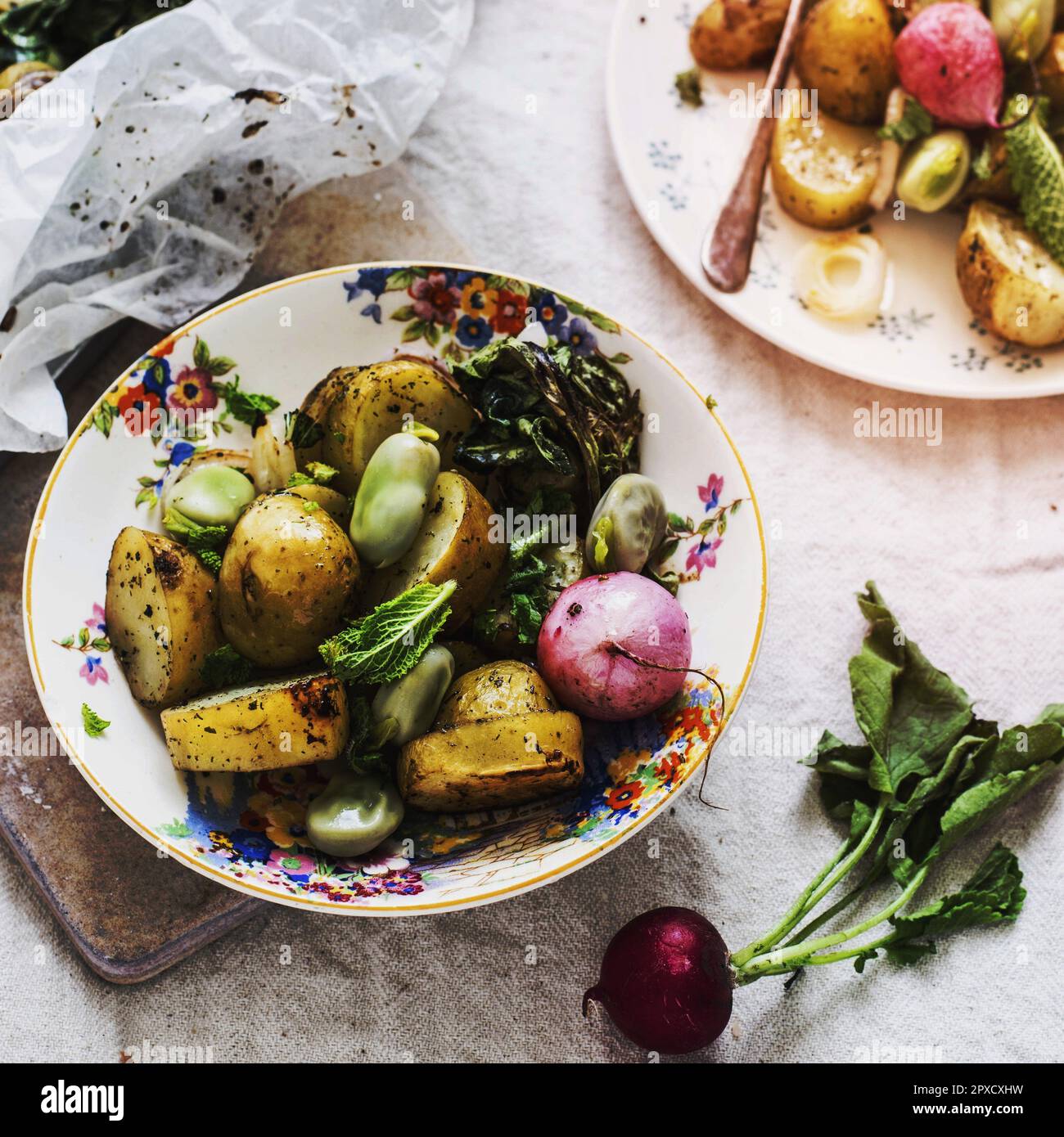 Baked vegetables salad with cooked broad bean aerial view Stock Photo ...