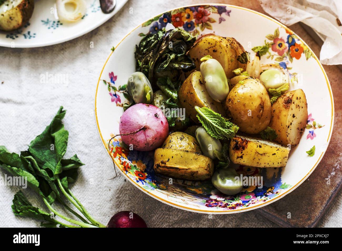 Baked vegetables salad with cooked broad bean aerial view Stock Photo ...
