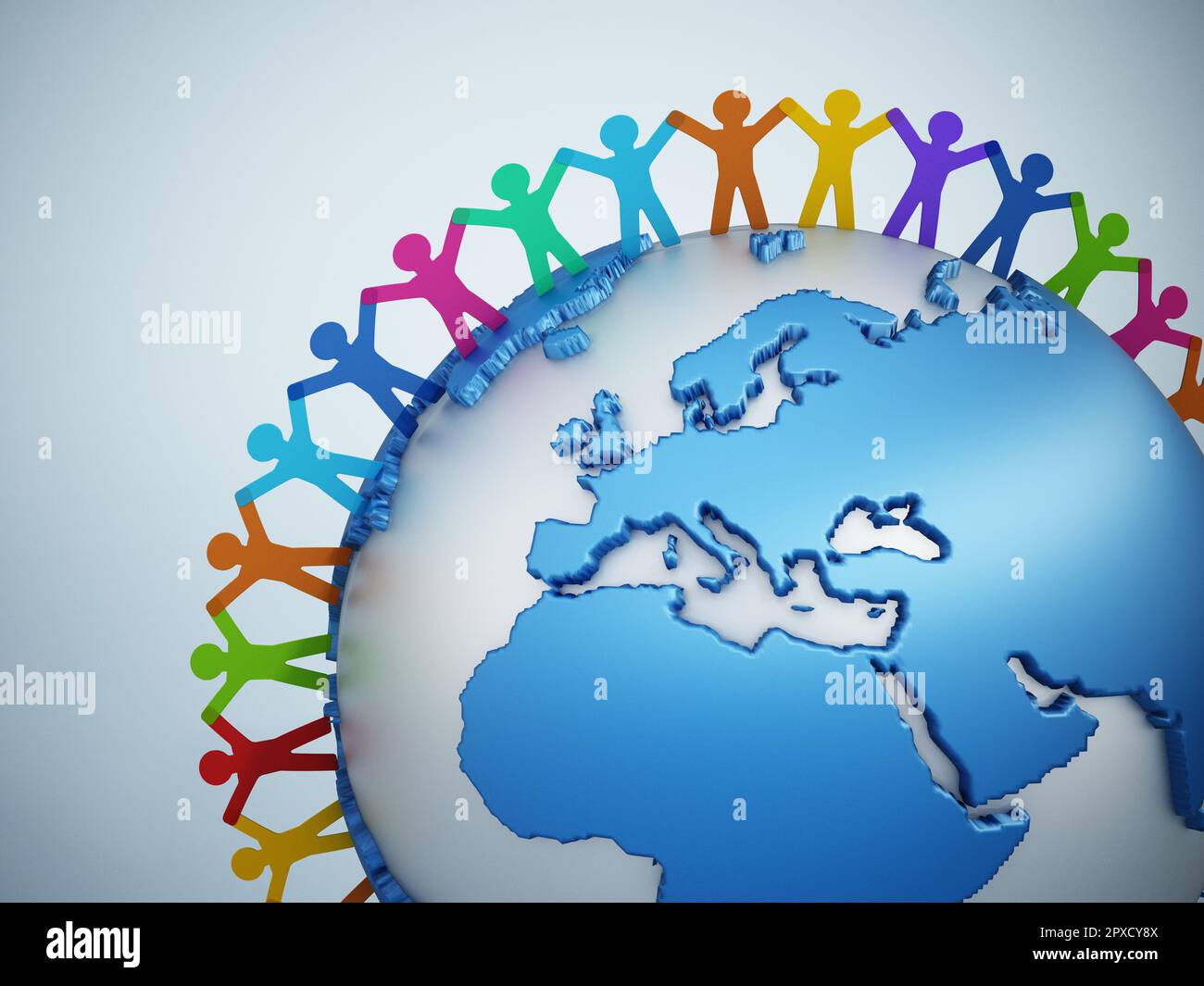 Colorful paper cut figures holding hands around the earth. Diversity and friendship concept. 3D ...