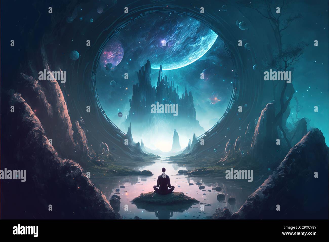meditation universe concept illustration Stock Photo - Alamy