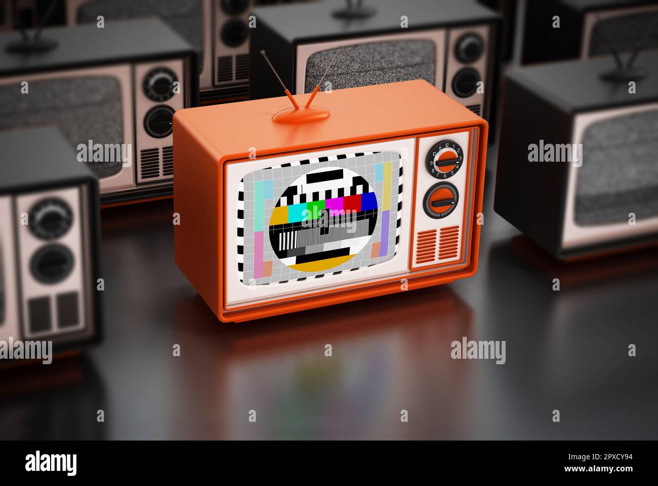 Retro orange TV with test screen. 3D illustration Stock Photo - Alamy