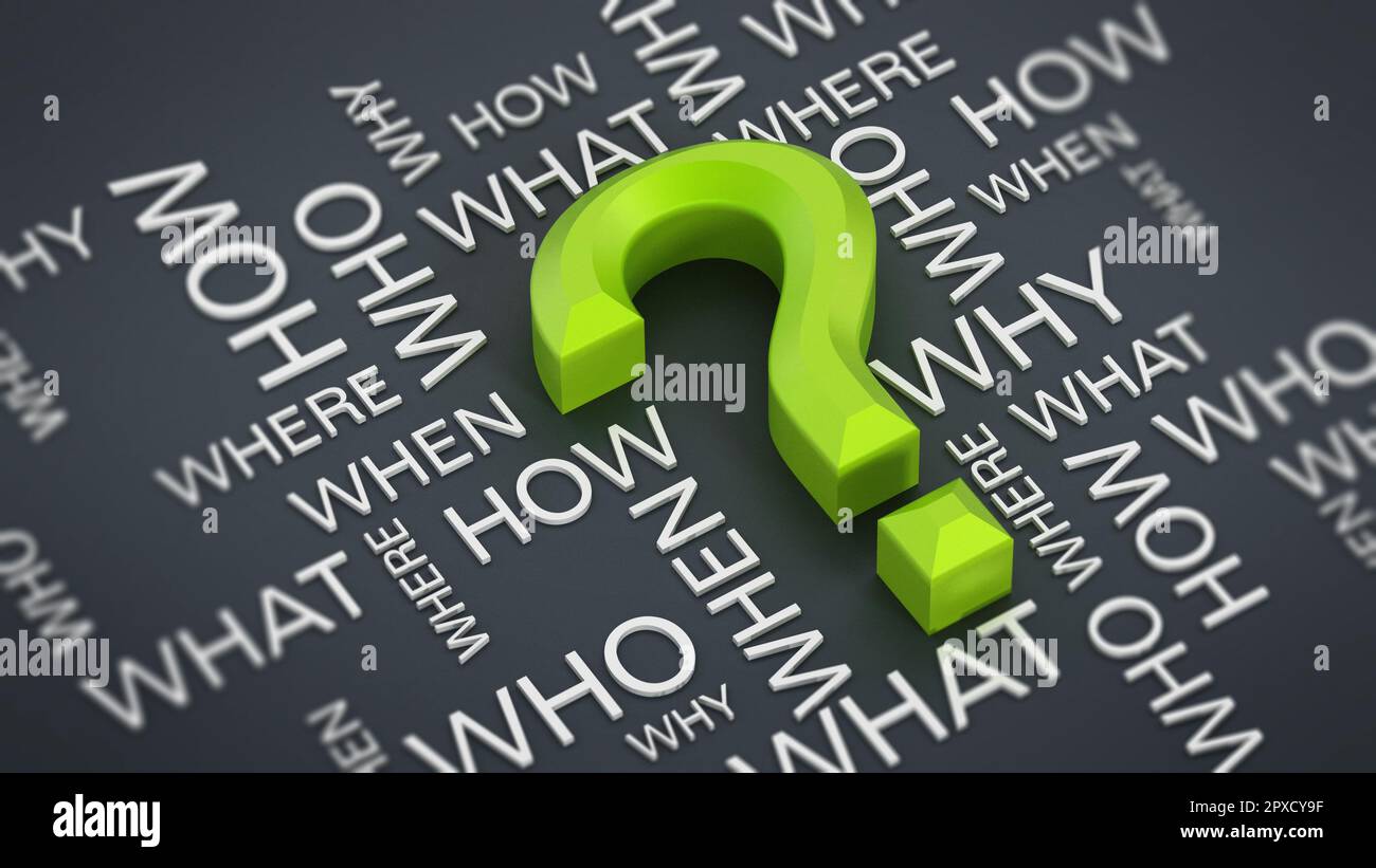 Question mark and question words on gray surface. 3D illustration Stock ...