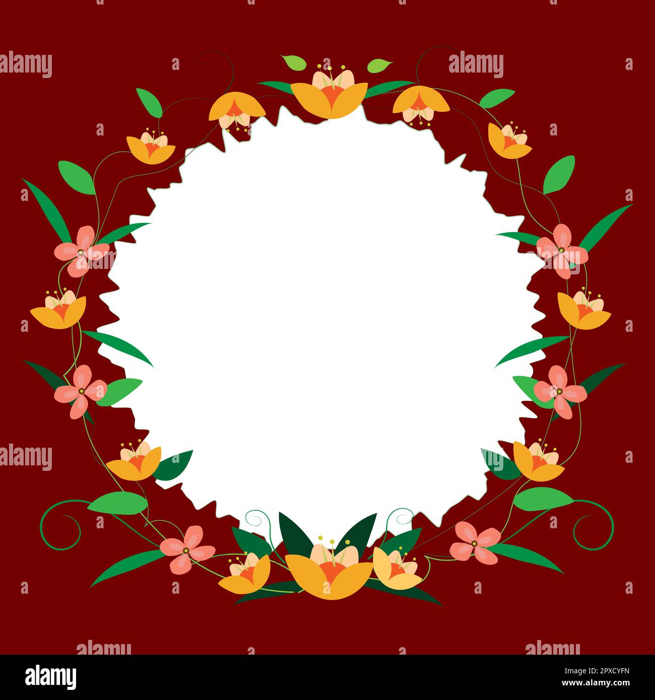 Red Blank Circle Frame Decorated With Colorful Flowers And Foliage ...