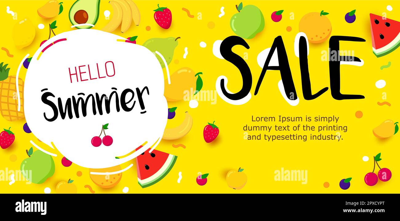 Horizontal summer sale banner with bright fruit on yellow background ...