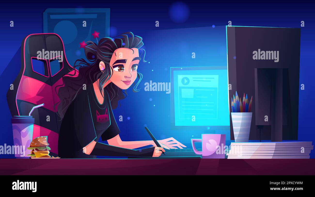 Female designer working on computer at night. Vector cartoon ...