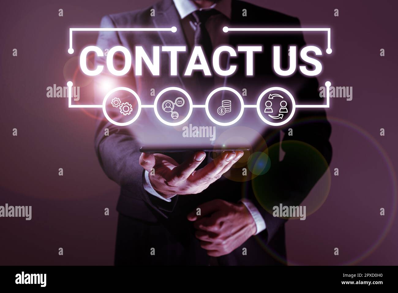 Hand writing sign Contact Us, Word Written on Group of person that ...