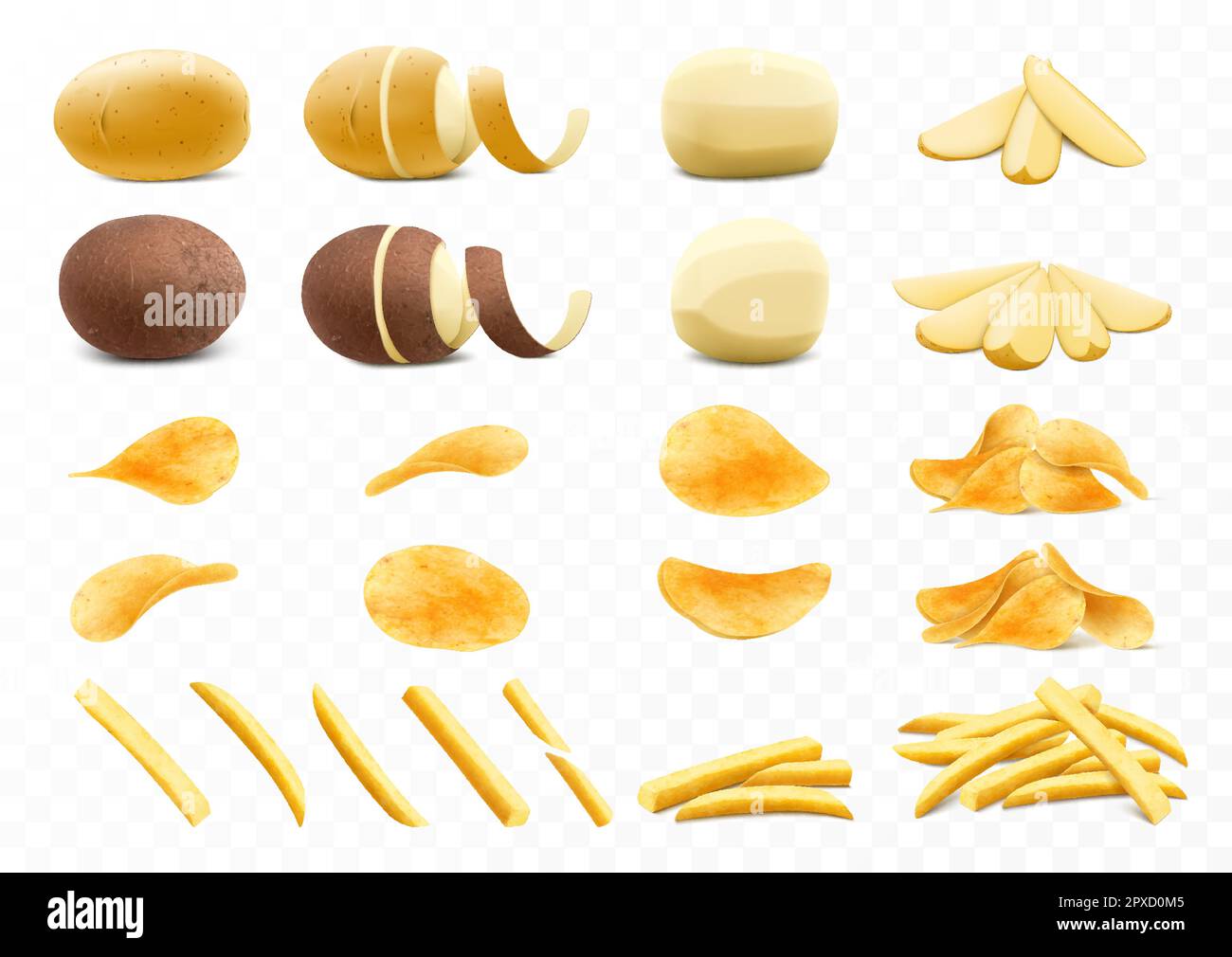 Set of potato, raw sliced potatoes, french fries, chips. Potatoes ...