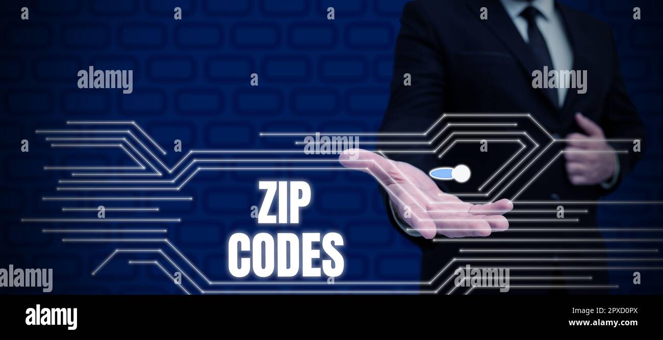 Conceptual caption Zip Codes, Concept meaning numbers added to a postal ...