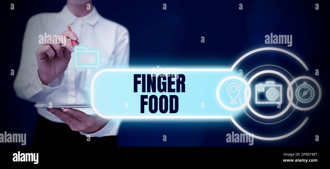 Hand writing sign Finger Food, Business overview products and ...